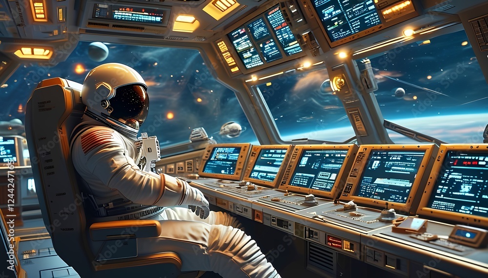 Astronaut navigates spacecraft while observing Earth from space in a ...