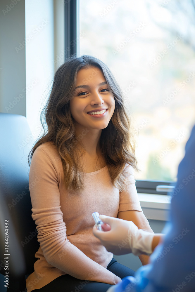 Smiling young woman rolling up her sleeve as a nurse prepares an ...