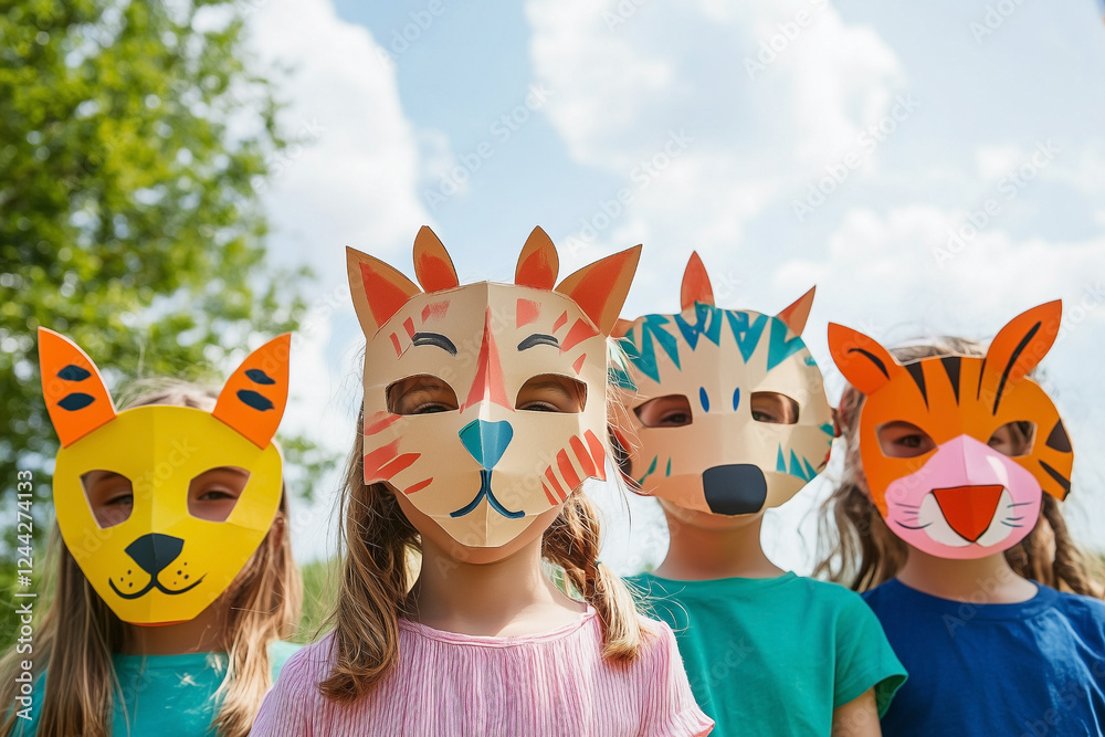 Cardboard animal disguises brightening up the faces of a joyful group ...