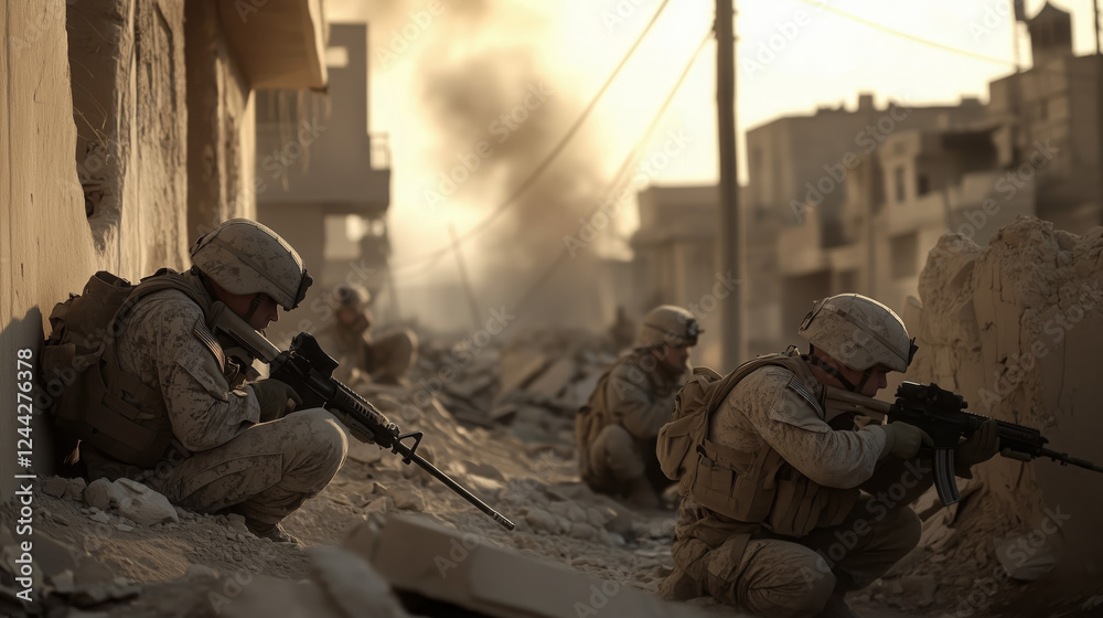 A battle-damaged urban landscape with broken buildings, shattered glass ...