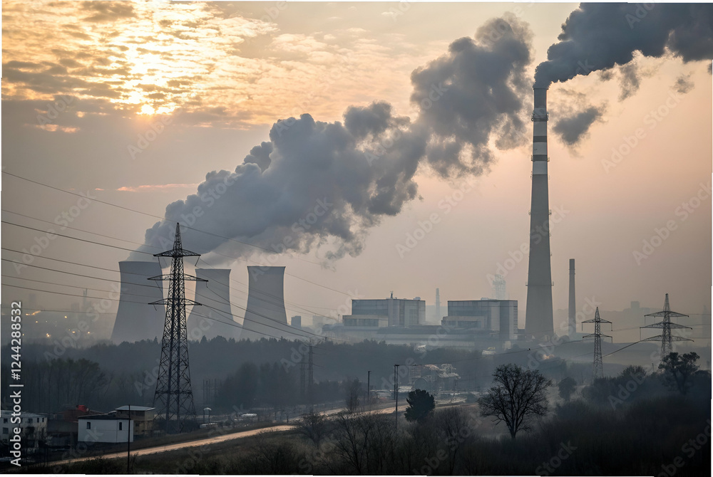 Climate Change Impact ,A hazy skyline depicts industrial smokestacks ...