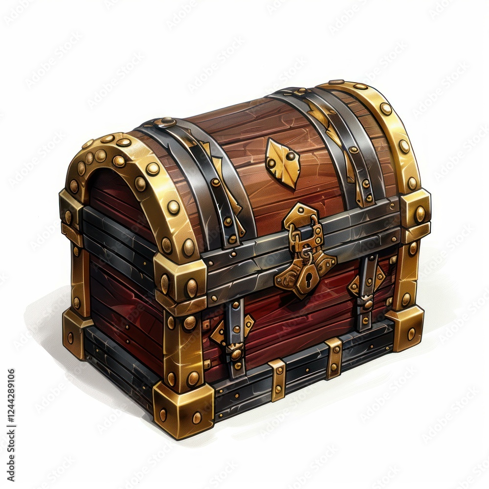 Closed wooden treasure chest with golden details and metal lock ...