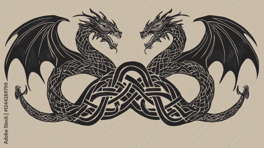 Medieval celtic knot patterns of dragons with entwined wings and tails ...