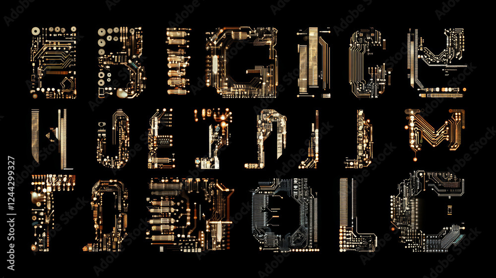 Techno circuit font, motherboard line type, digital computer typeface ...