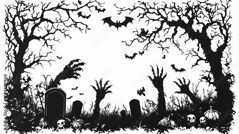 Ilustración de Stock Halloween frame border and divider with cemetery ...