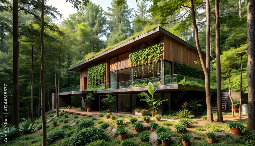 8K eco-friendly modern house surrounded by dense forest, featuring ...