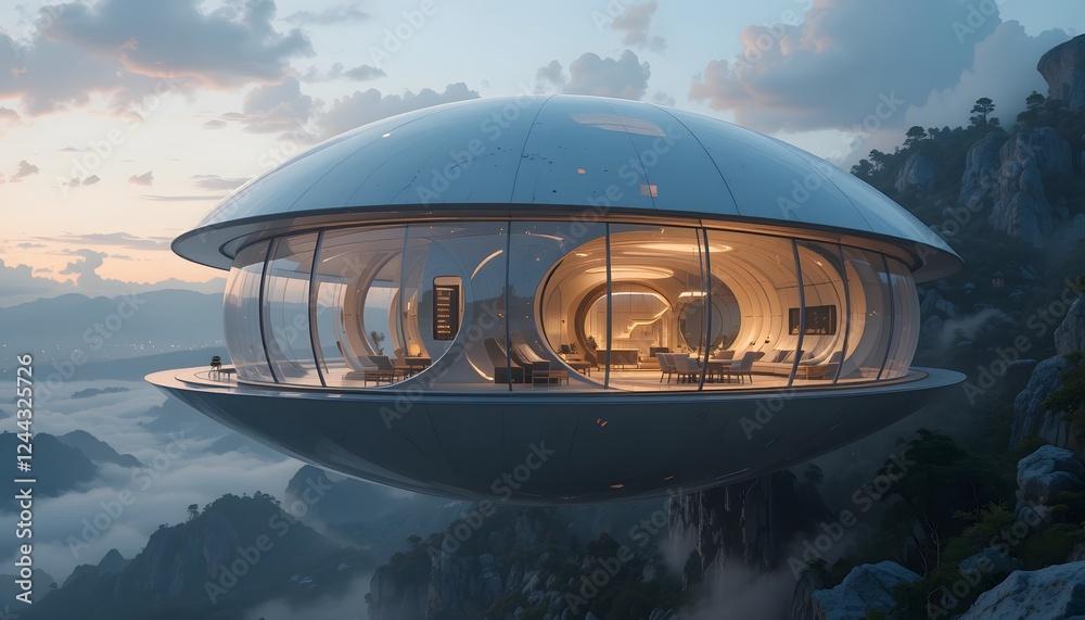 8K futuristic floating orb-shaped house with translucent surfaces ...