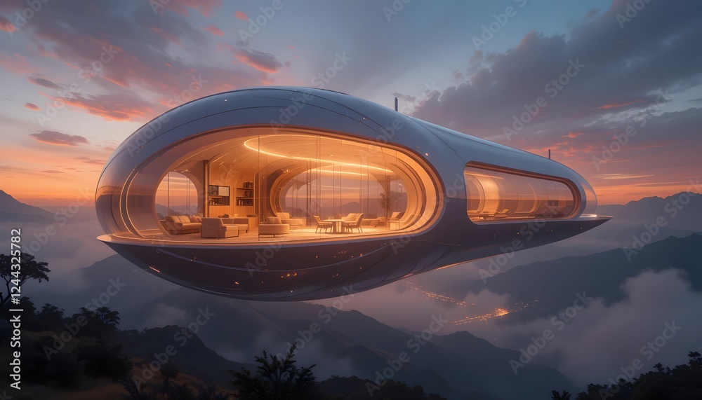 8K futuristic floating orb-shaped house with translucent surfaces ...