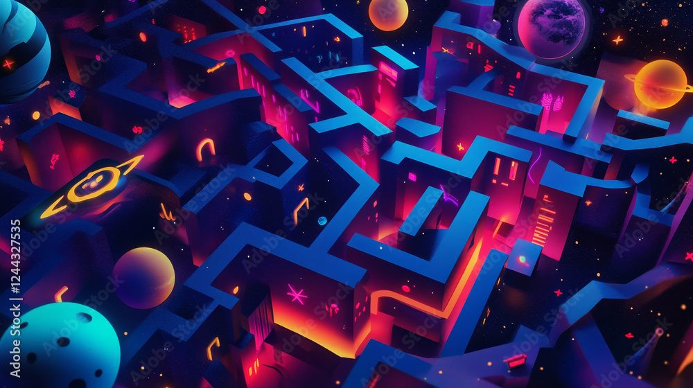 Labyrinth maze game cartoon space galaxy planets, spacecrafts and ...