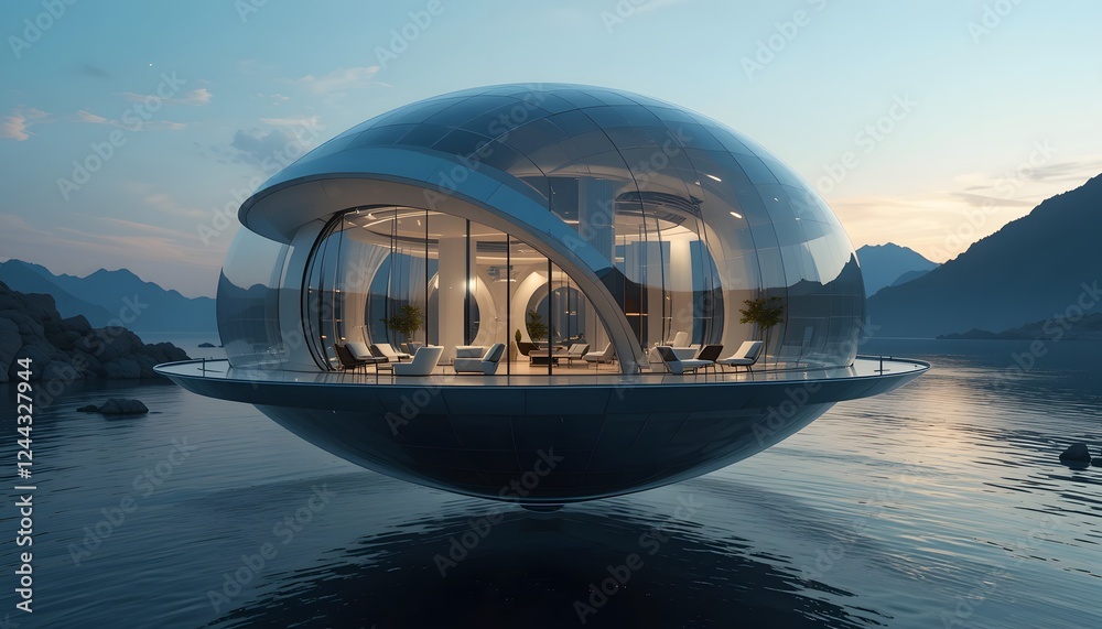 8K futuristic floating orb-shaped house with translucent surfaces ...