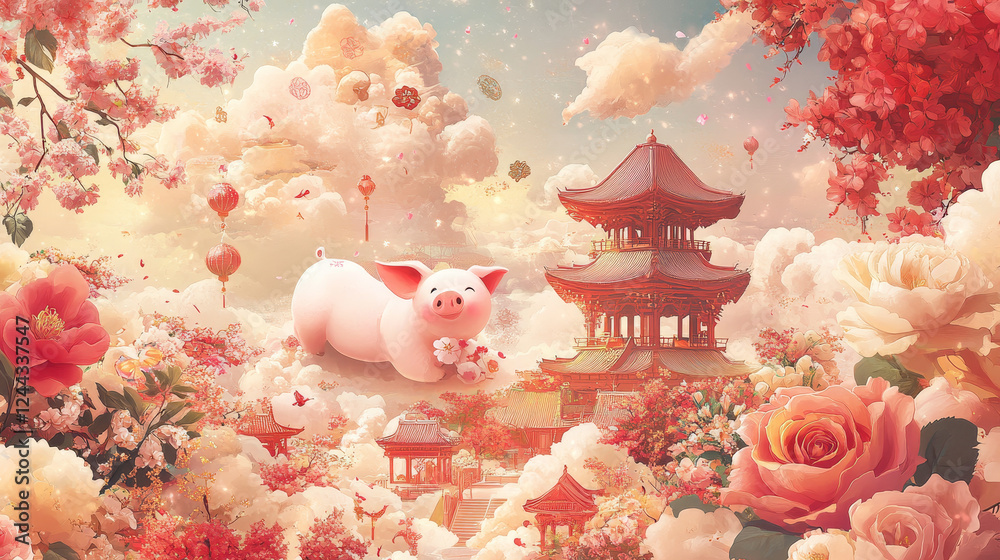 Happy Chinese New Year of pig festive poster with flowers. Astrology ...
