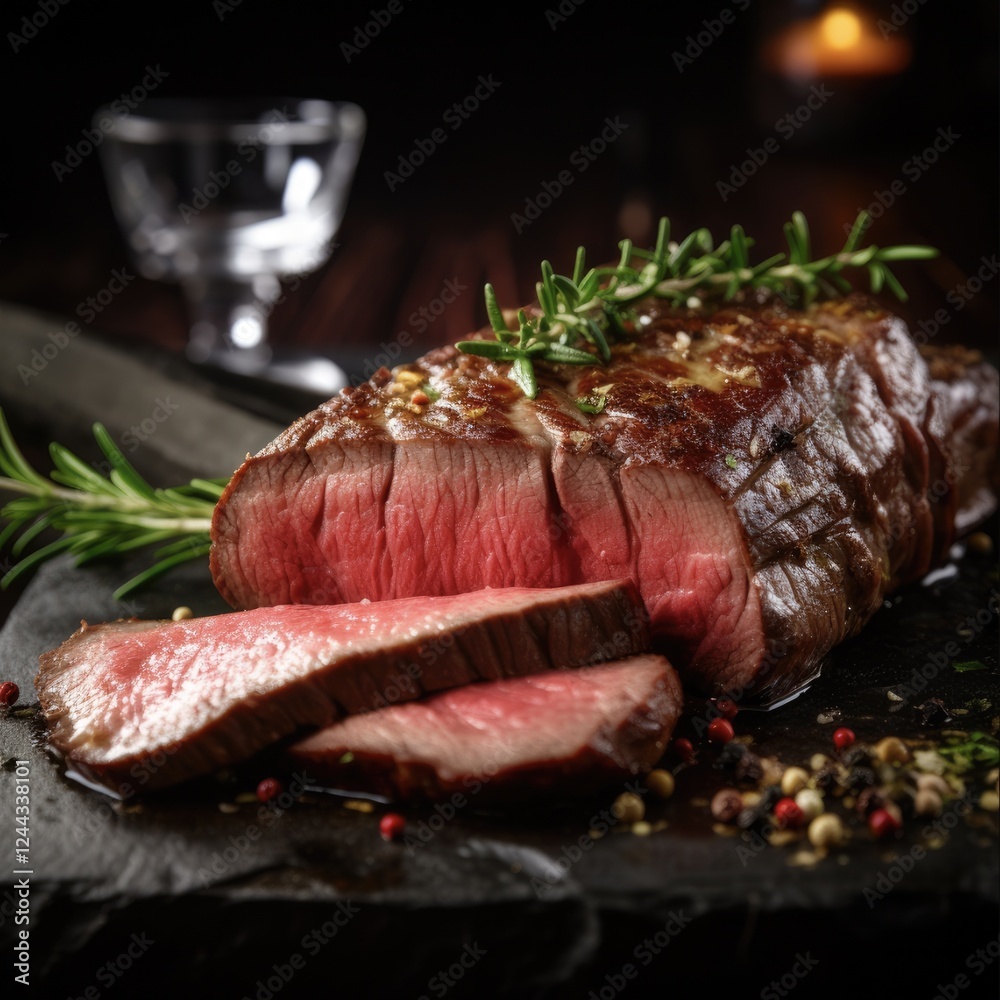 Juicy Sliced medium rare beef steak on black background with rosemary ...