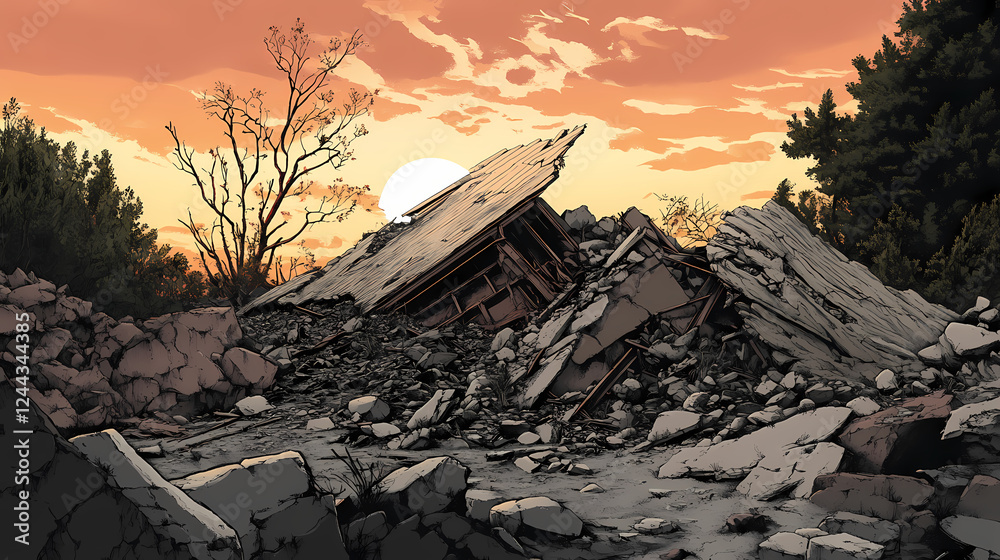 Abandoned structures buried under the rubble of a massive landslide ...