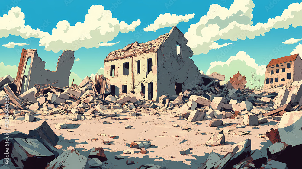 Abandoned structures buried under the rubble of a massive landslide ...