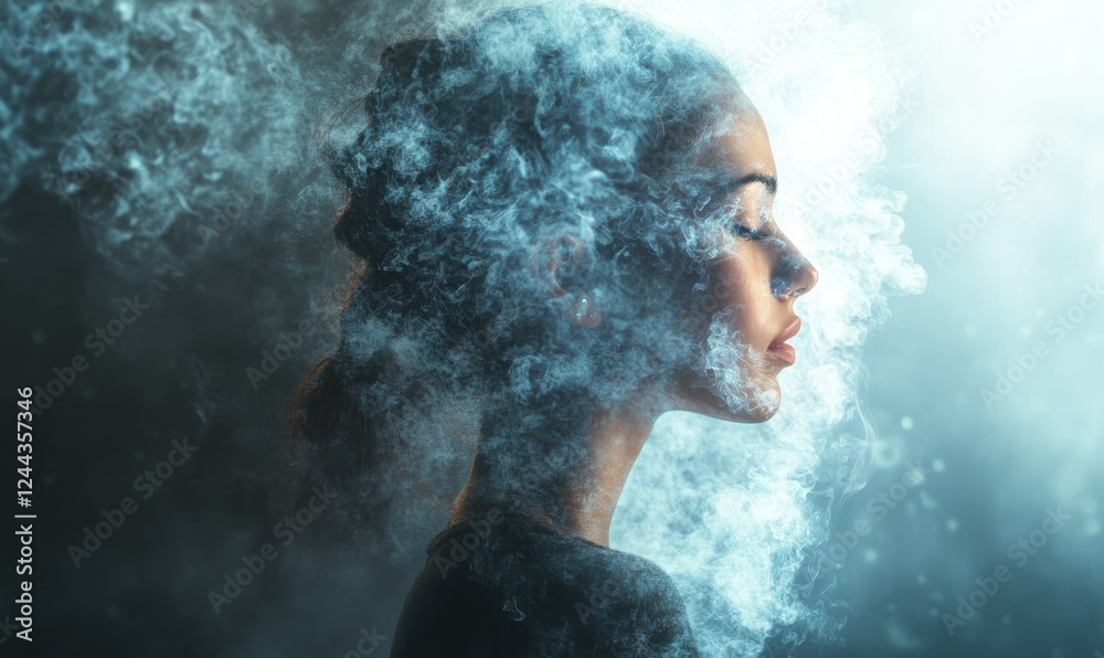 Profile of a woman with smoke particles blending into her breath ...