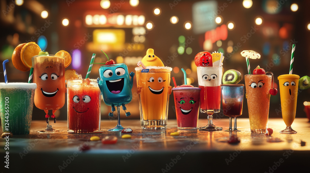 Cartoon drink and cocktail characters. Pub alcohol beverage, restaurant ...