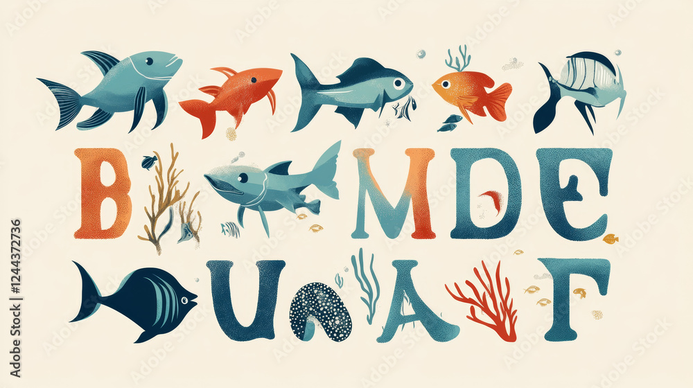 Ilustración de Stock Underwater sea animals in font, undersea type ...
