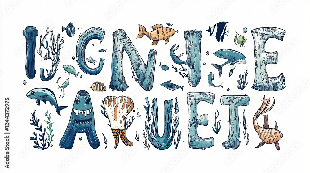 Ilustración de Stock Underwater sea animals in font, undersea type ...