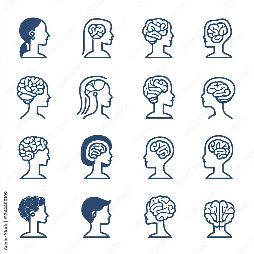Profile, head, and brain icon set: Editable stroke icons related to ...