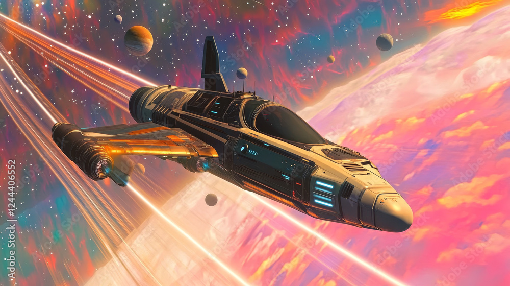 Cartoon spaceship in galaxy. Space landing page. Vector background with ...