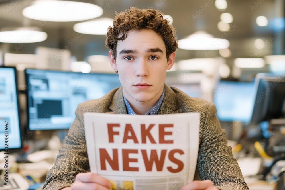 Young male journalist holding fake news newspaper in busy newsroom ...