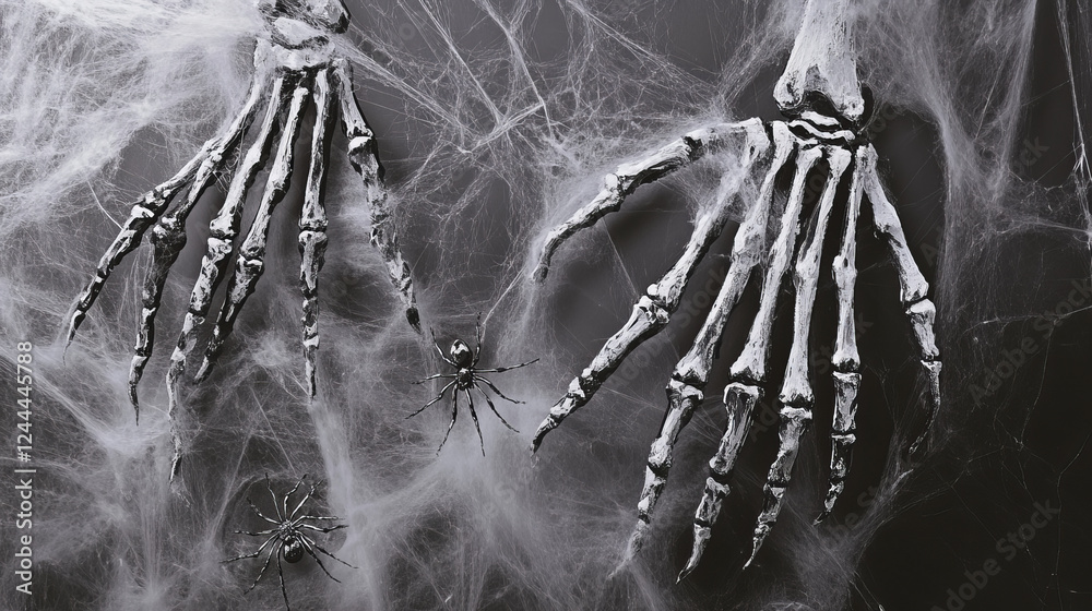 Halloween party banner with skeleton hands, spiders and cobweb. Vector ...