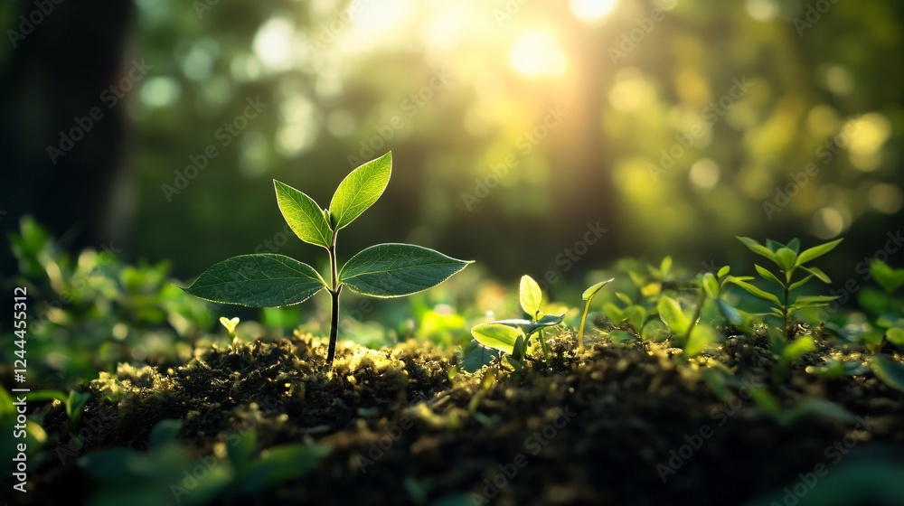 This image features a vibrant young plant sprouting from rich earth ...