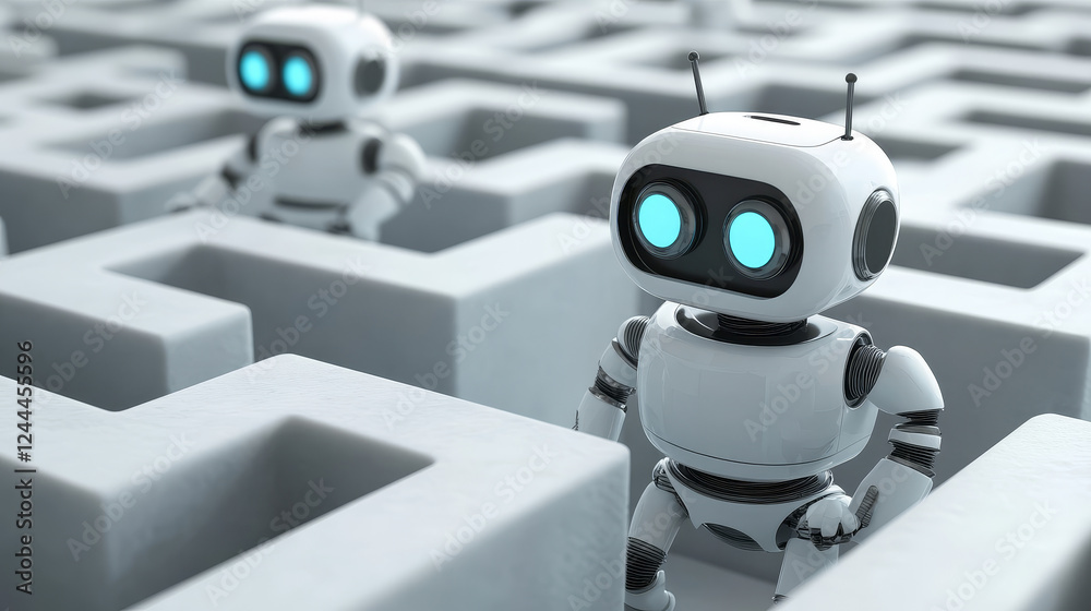 Labyrinth maze game, kids riddle with cartoon vector robots. Find right ...