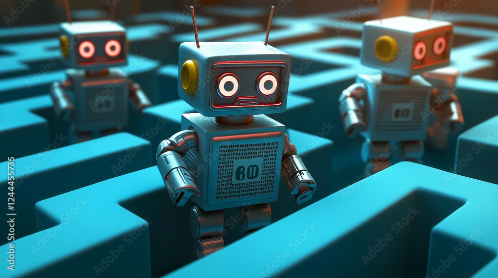 Labyrinth maze game, kids riddle with cartoon vector robots. Find right ...