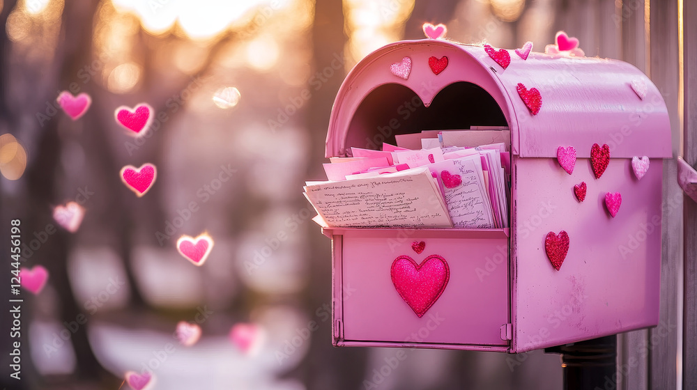 Cartoon pink romantic mailbox with floating red hearts, Valentines day ...