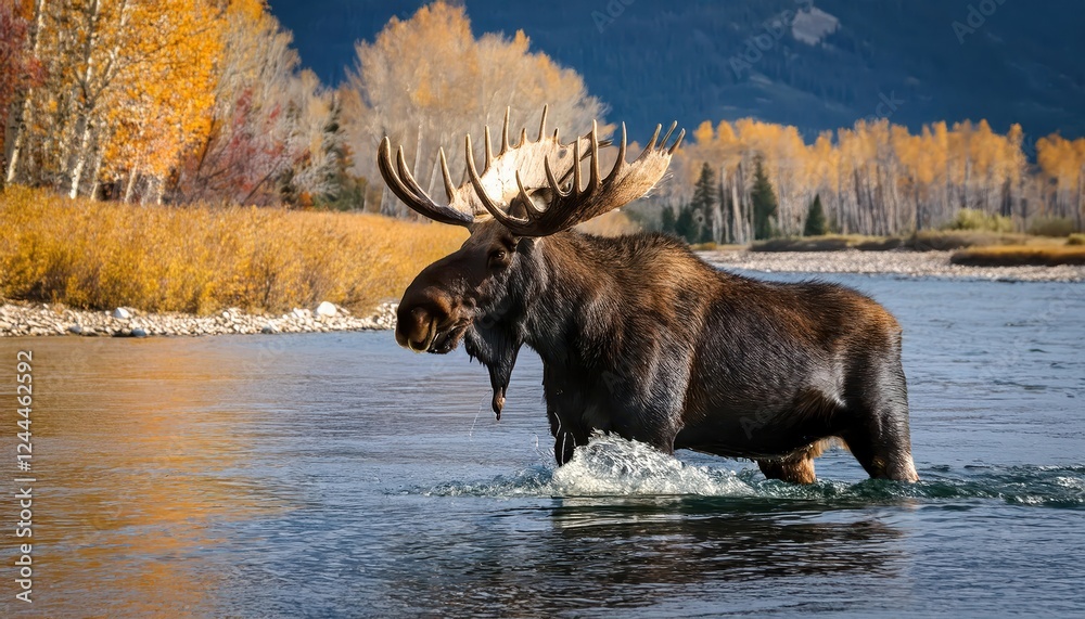 Majestic Shiras Moose Crossing Snake River Amidst Autumn Colors in Grand Teton National Park ...