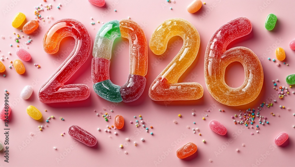 2026 numbers Playful candies like jelly beans arranged on a pastel pink ...