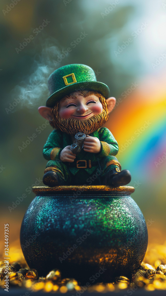 Tiny leprechaun lounging on a giant pot of gold at the end of a rainbow ...