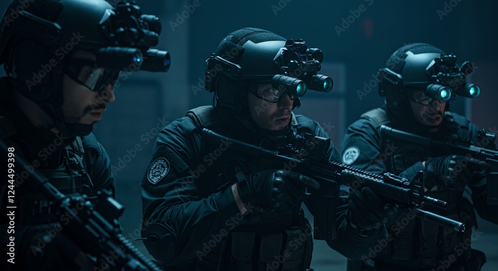 Men from special forces tactical unit wearing night vision goggles and ...