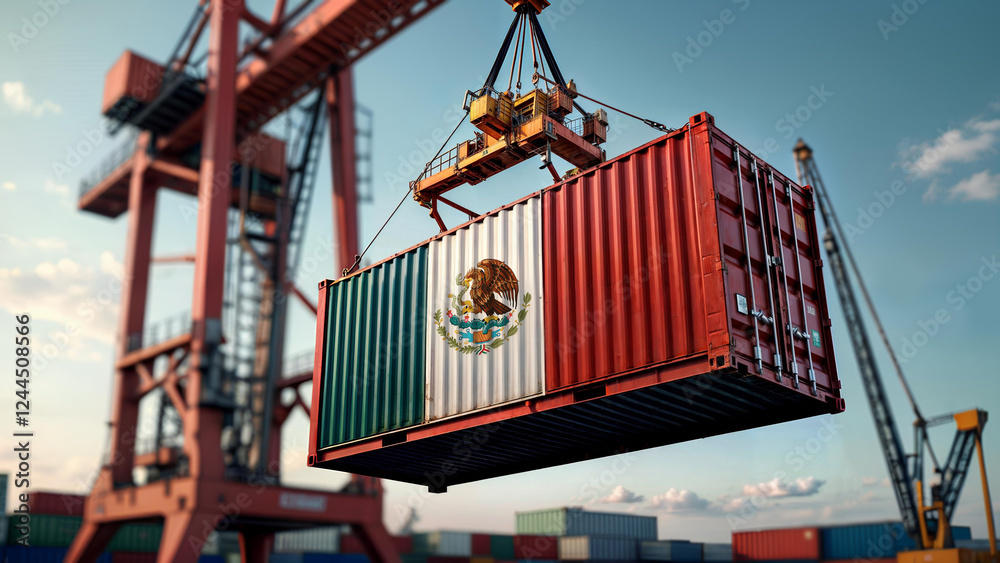 Стокова ілюстрація Mexican flagged shipping container hoisted by crane ...