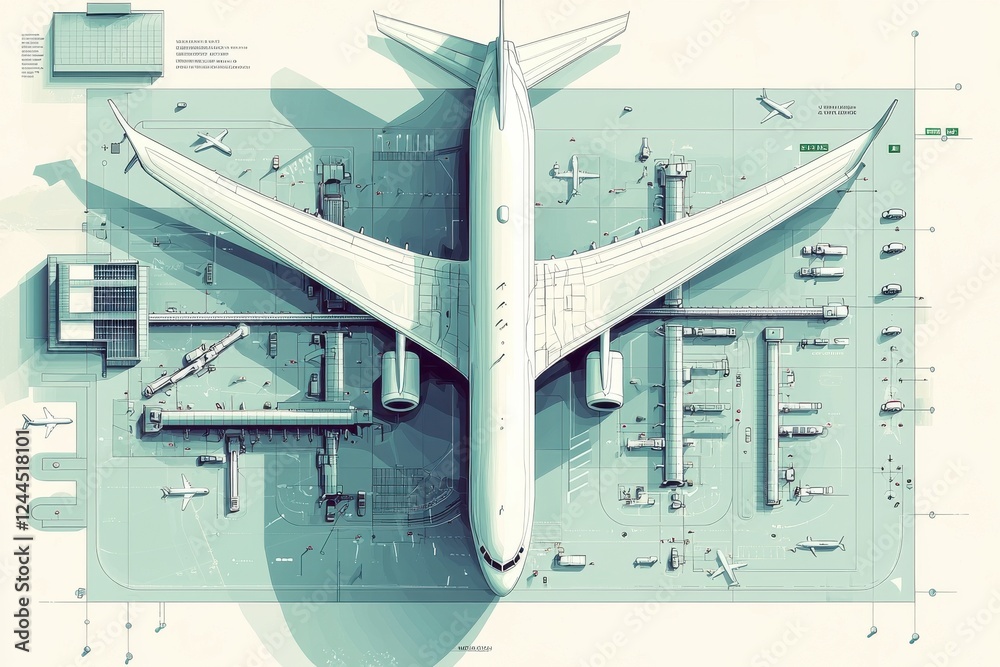 Illustrated blueprint-style drawing of airport terminal with large ...