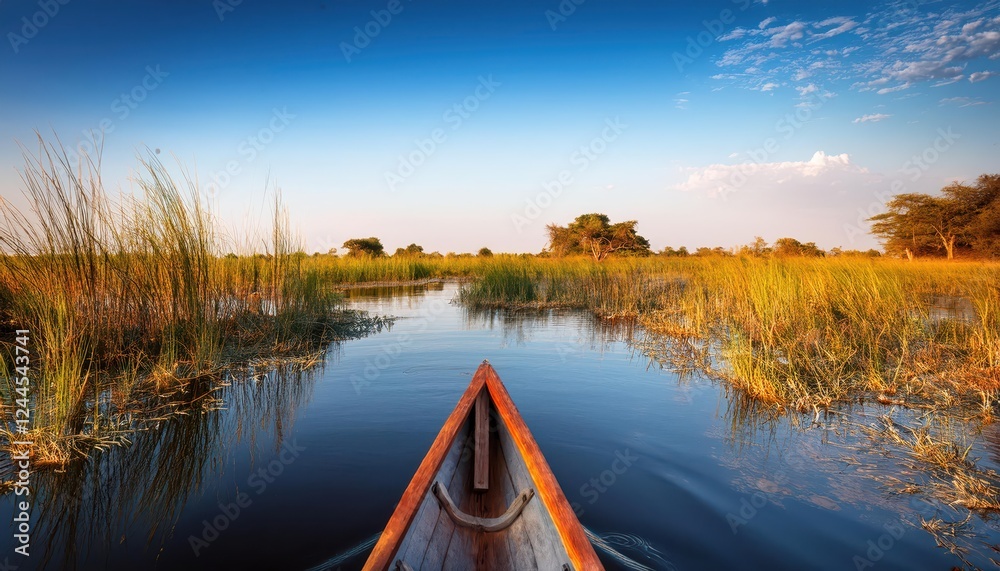Majestic Mokoro Ride Through the Serene Okavango Delta, Bathed in Warm ...