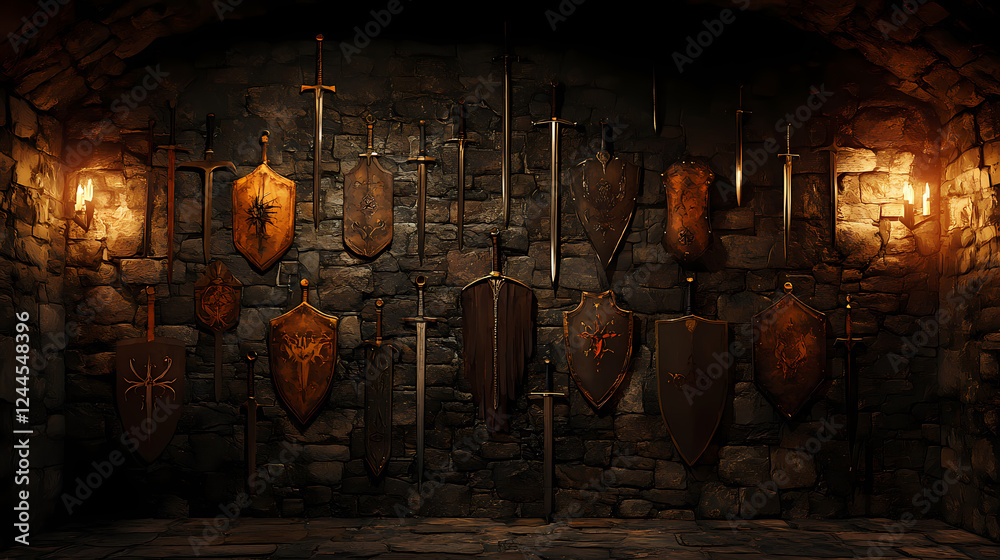 A dark medieval armory with rusted swords, heavy shields, and old suits ...