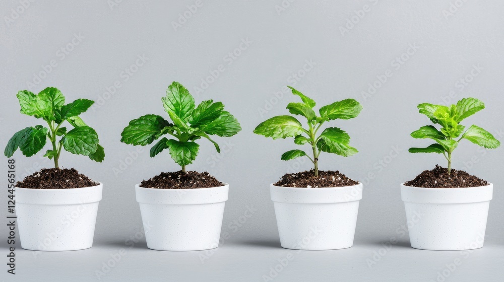 Four mint plant growth stages in white pots Stock Illustration | Adobe ...