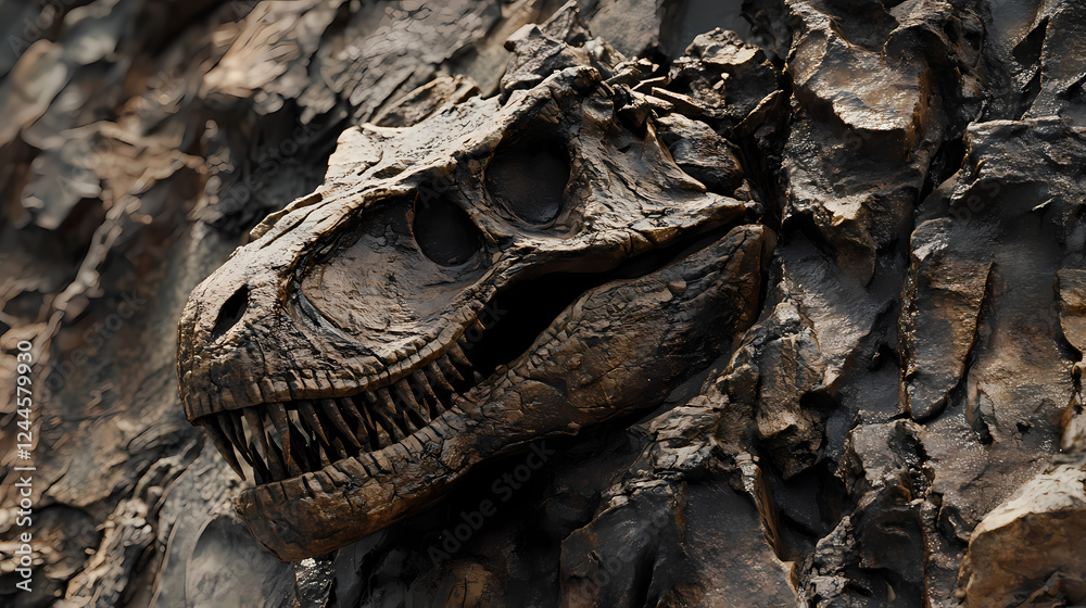 Dinosaur fossil head relief of tyrannosaurus rex on a textured rocky ...