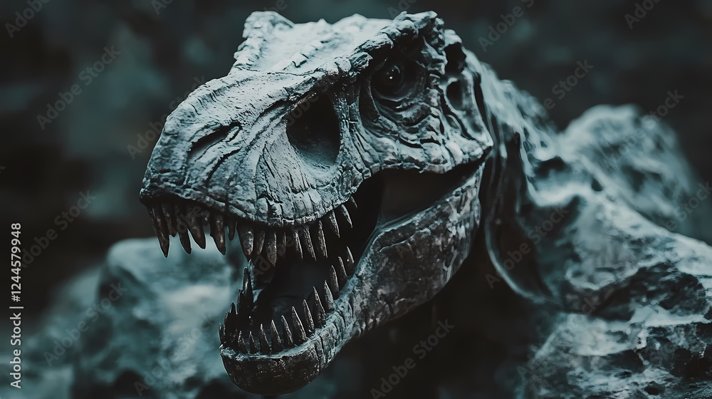 Dinosaur fossil head relief of tyrannosaurus rex on a textured rocky ...