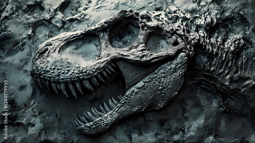 Dinosaur fossil head relief of tyrannosaurus rex on a textured rocky ...