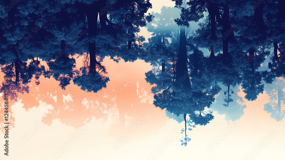 Forest with trees growing upside down, rivers running above the ground ...