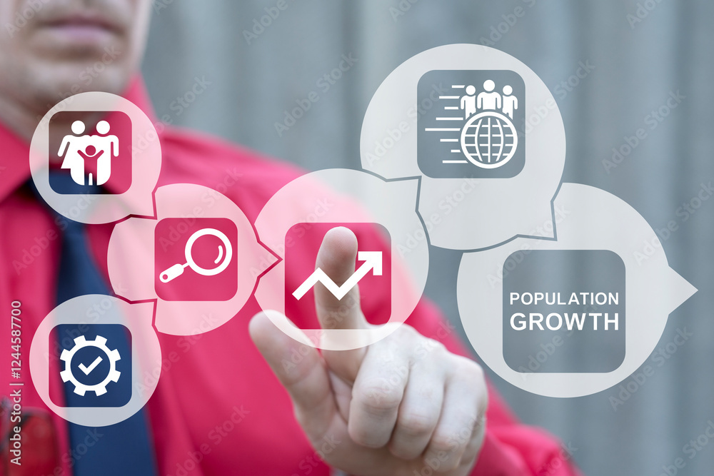 Business person using virtual touch screen sees text: POPULATION GROWTH ...