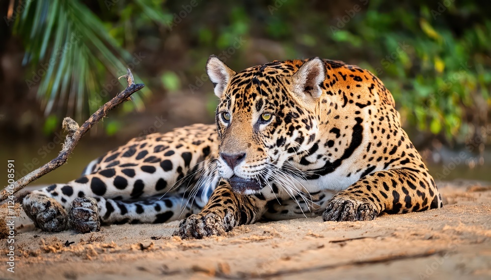 Powerful Female Jaguar Gazing Intently from Cuiaba Riverbank in the ...