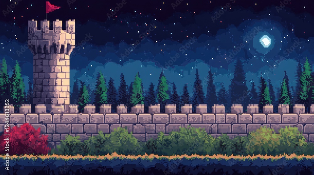 Pixel Art Castle Night: A charming pixel art scene depicting a stone ...