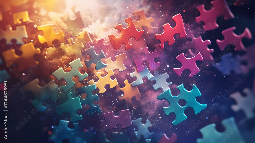 Colorful puzzle pieces floating in a cosmic background, symbolizing ...