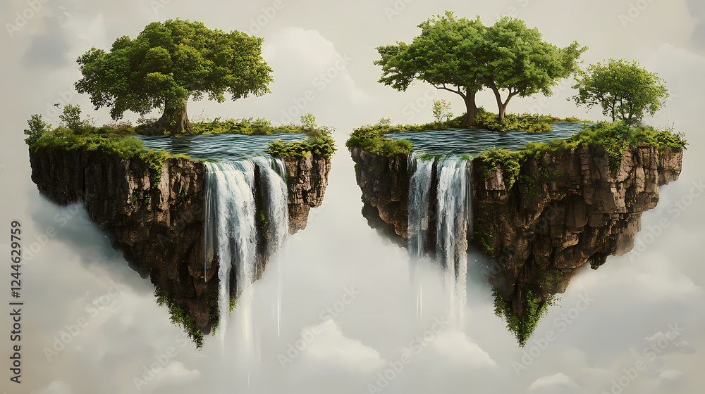 Surreal floating islands and waterfalls landscape where gravity defies ...