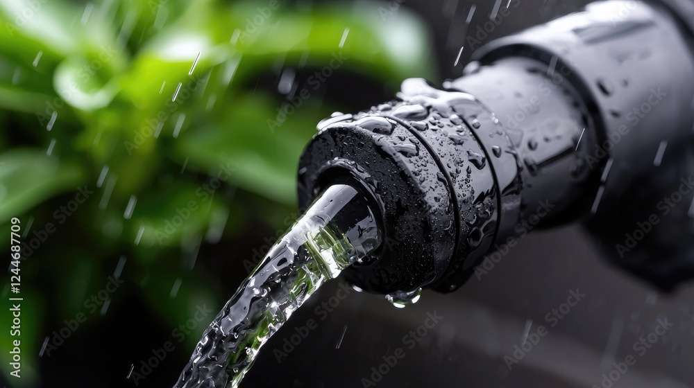 Rainwater harvesting, pipe, plant, garden, close-up, water conservation ...