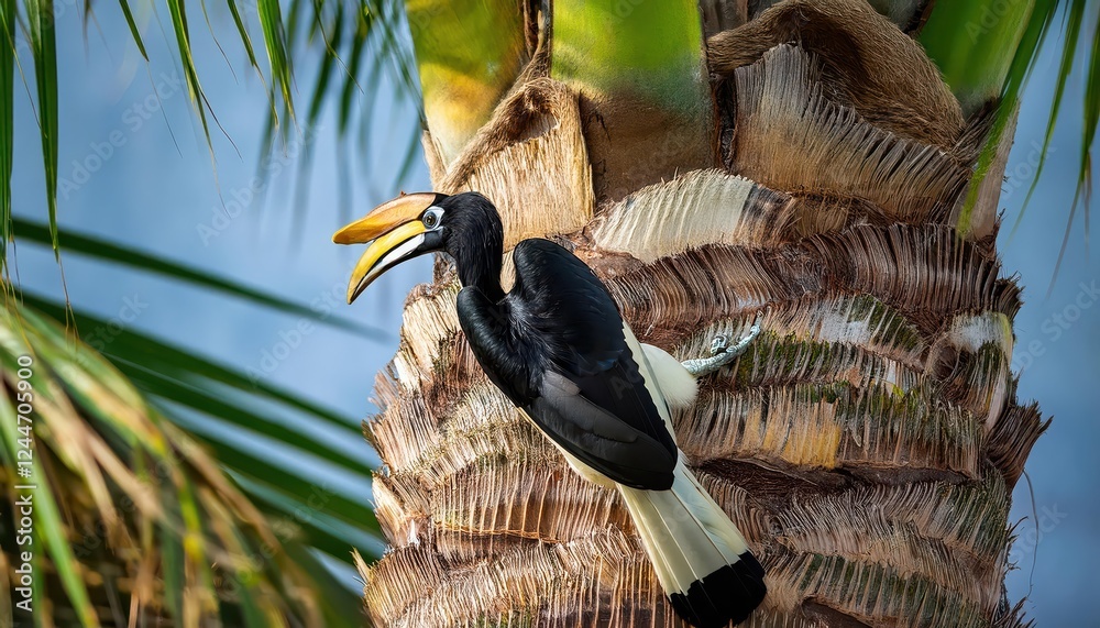 Stunning Oriental Pied Hornbill Foraging Seeds in a Tropical Palmtree ...